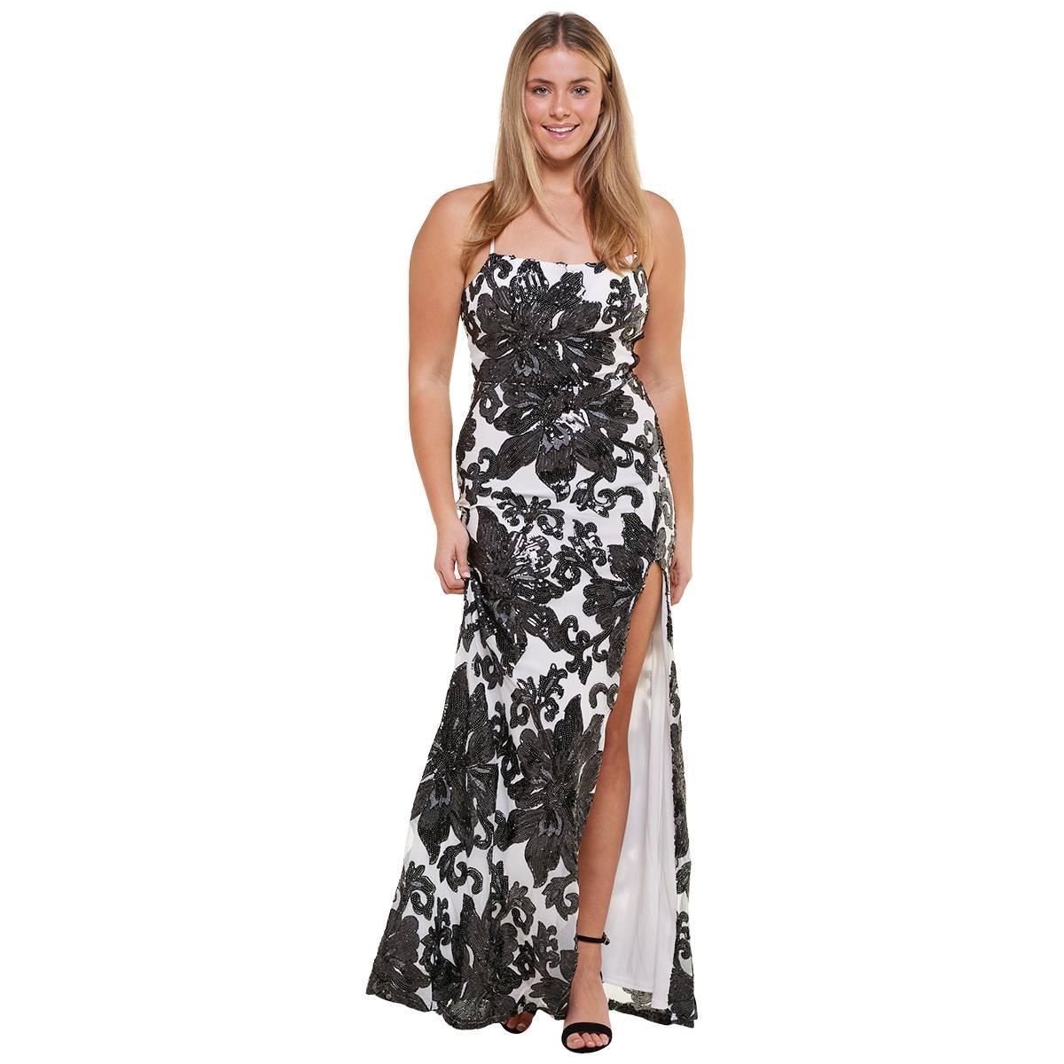 Crystal Doll Juniors Floral Sequined Lace-Up-Back Gown - White/black
