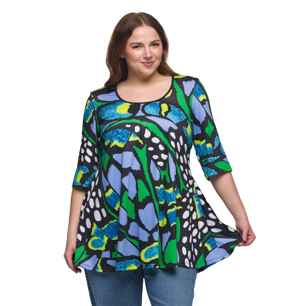 24seven Comfort Apparel Plus Size Print Elbow Sleeve Casual Tunic Top - Green Multi