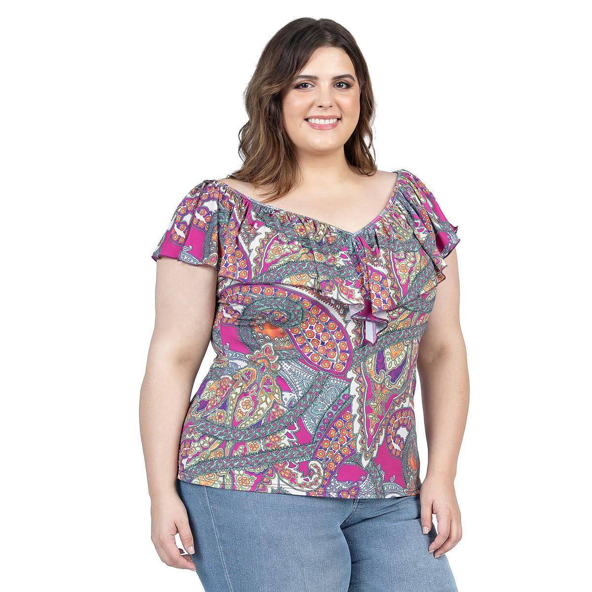 Plus Size 24/7 Comfort Apparel Paisley Ruffle V-Neck Blouse