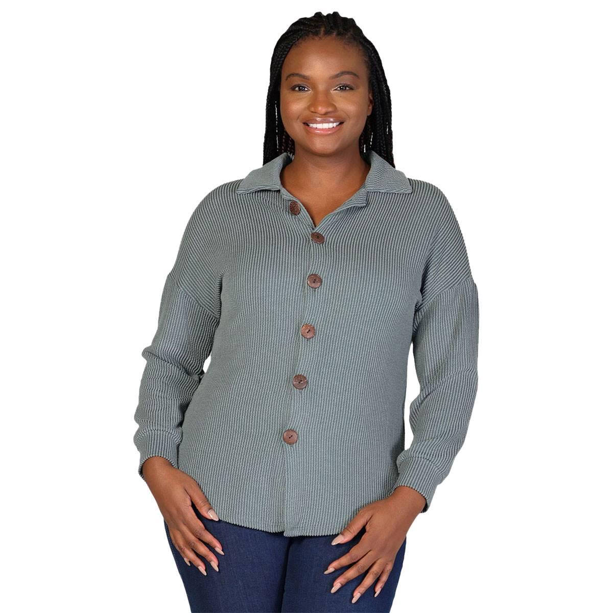 24seven Comfort Apparel Plus Size Rib Button Up Shirt Jacket - Blue