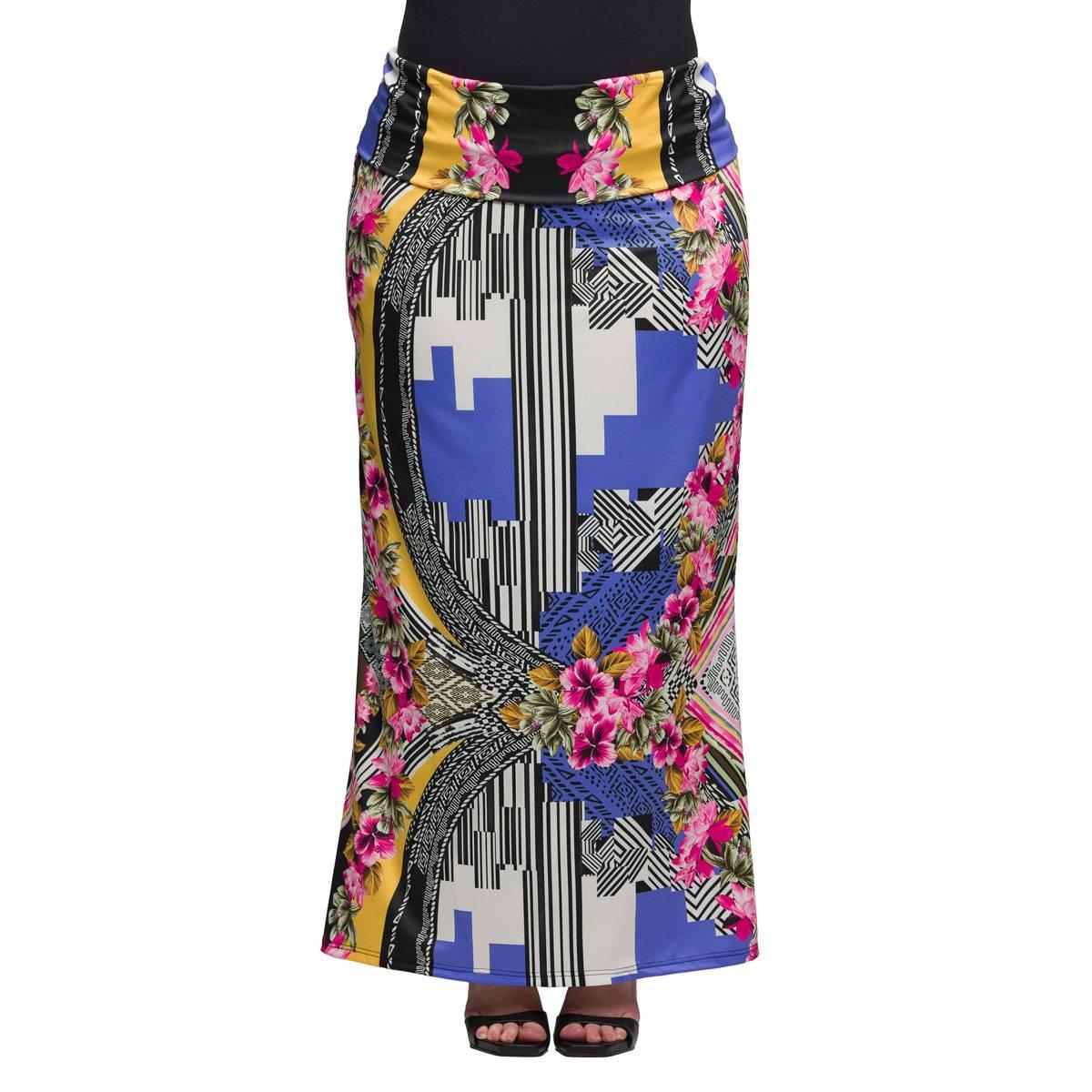 24seven Comfort Apparel Plus Size Print Fold Over Waist Maxi Skirt - Blue Multi