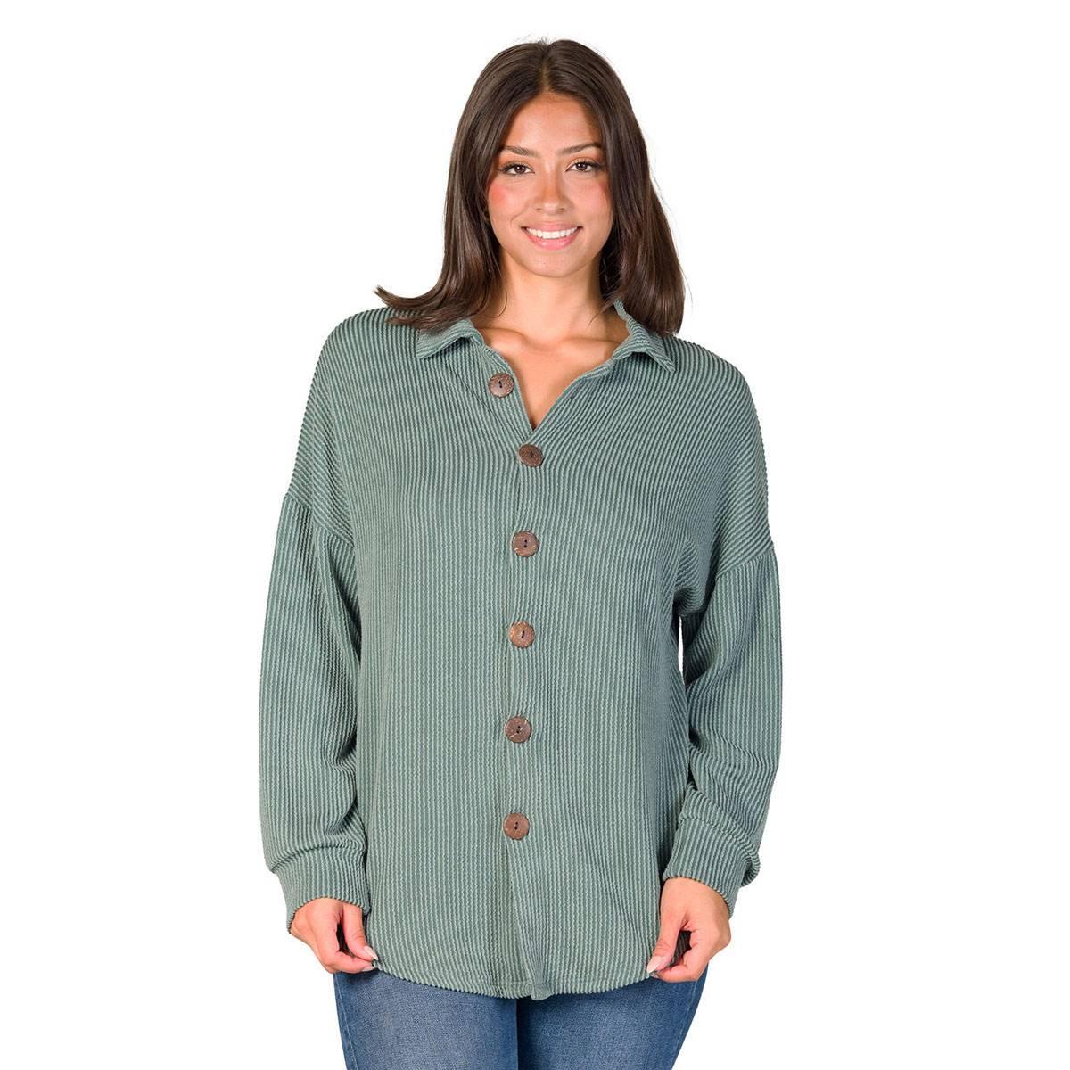 24seven Comfort Apparel Womens Ribbed Button Up Long Sleeve Collared Shirt Jacket - Black