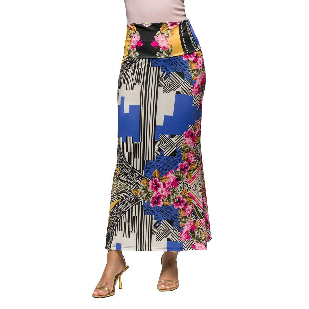 24seven Comfort Apparel Womens Multicolor Floral Print Fold Over Waist Maxi Skirt - Blue Multi