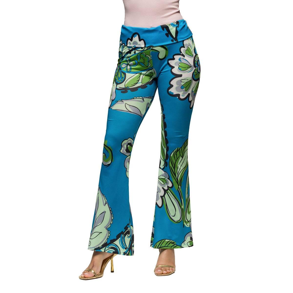 24seven Comfort Apparel Womens Teal Paisley Print Bell Bottom Foldover Waist Pants - Blue Multi