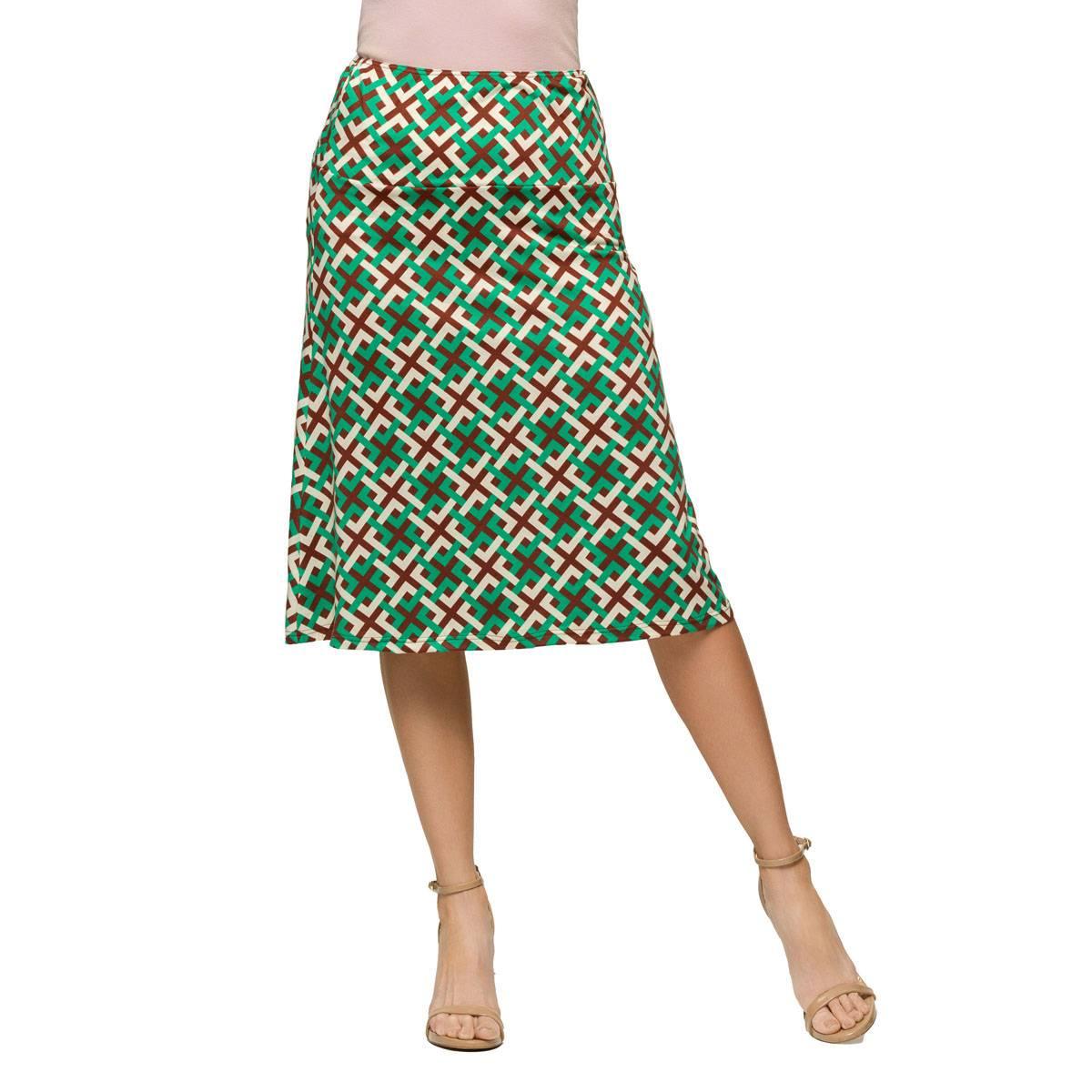 24seven Comfort Apparel Womens Green Geometric Print Comfortable Elastic Waist Knee Length Skirt - Green Mult