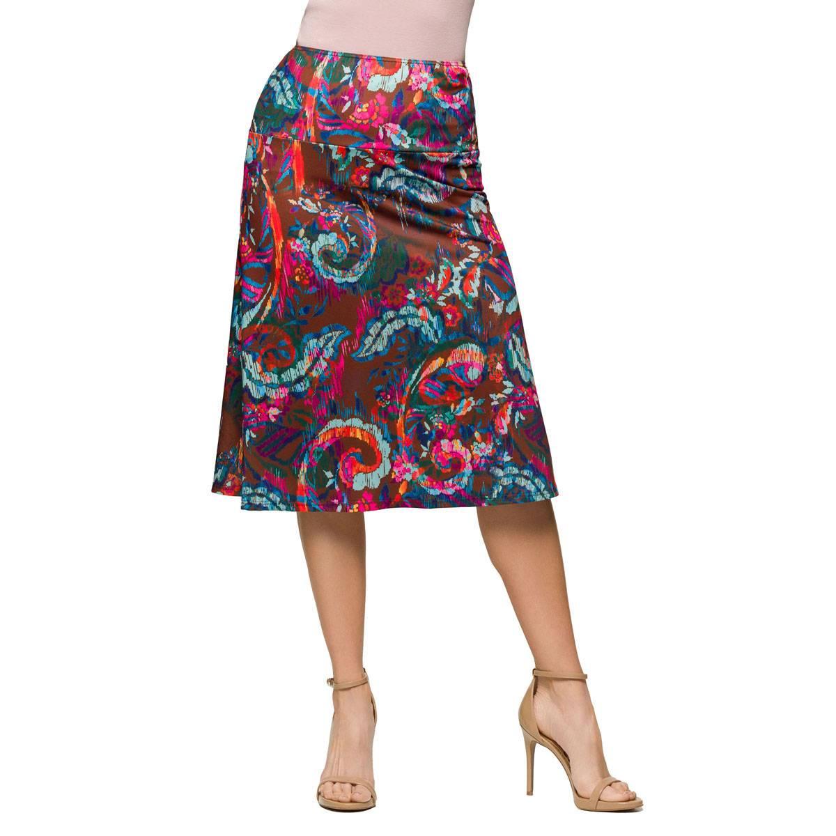 24seven Comfort Apparel Womens Comfortable Elastic Waist Knee Length Skirt - Brown Mult