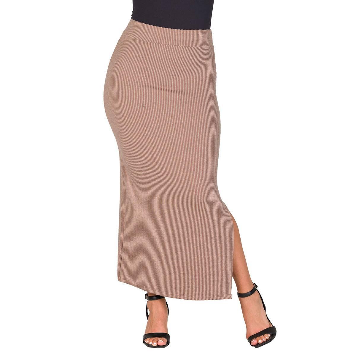 24seven Comfort Apparel Womens Ribbed Knit Side Slit Elastic Waist Maxi Skirt - Taupe