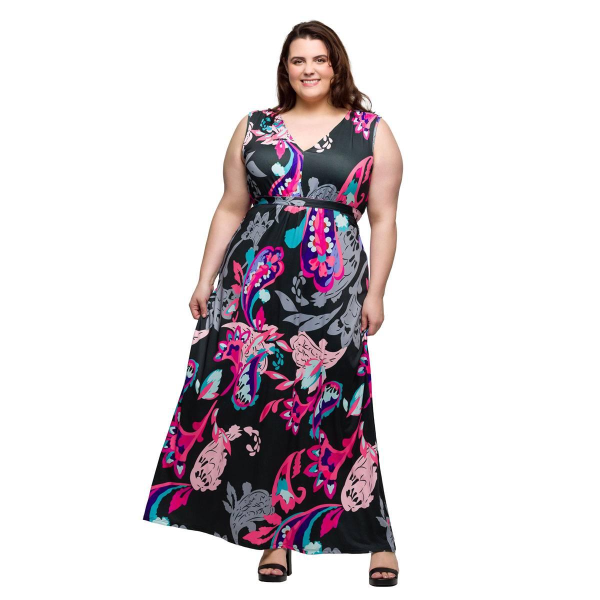 24seven Comfort Apparel Plus Size Print V-Neck Empire Waist Sleeveless Maxi Dress - Pink Multi