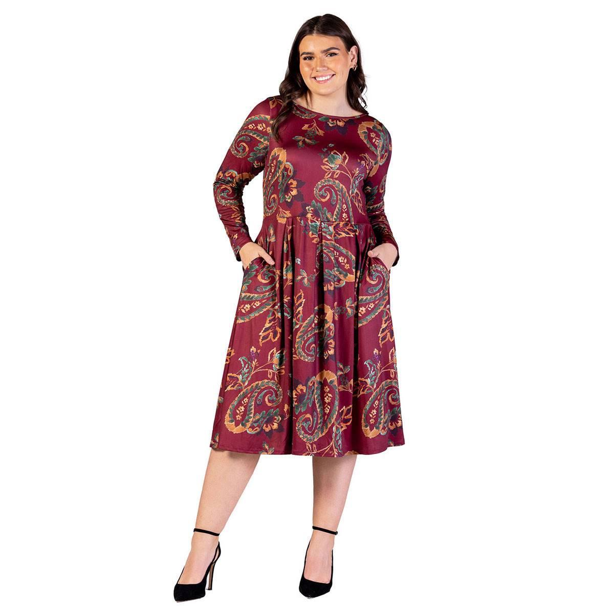 Plus Size 24/7 Comfort Apparel Wine Paisley Midi Pocket Dress