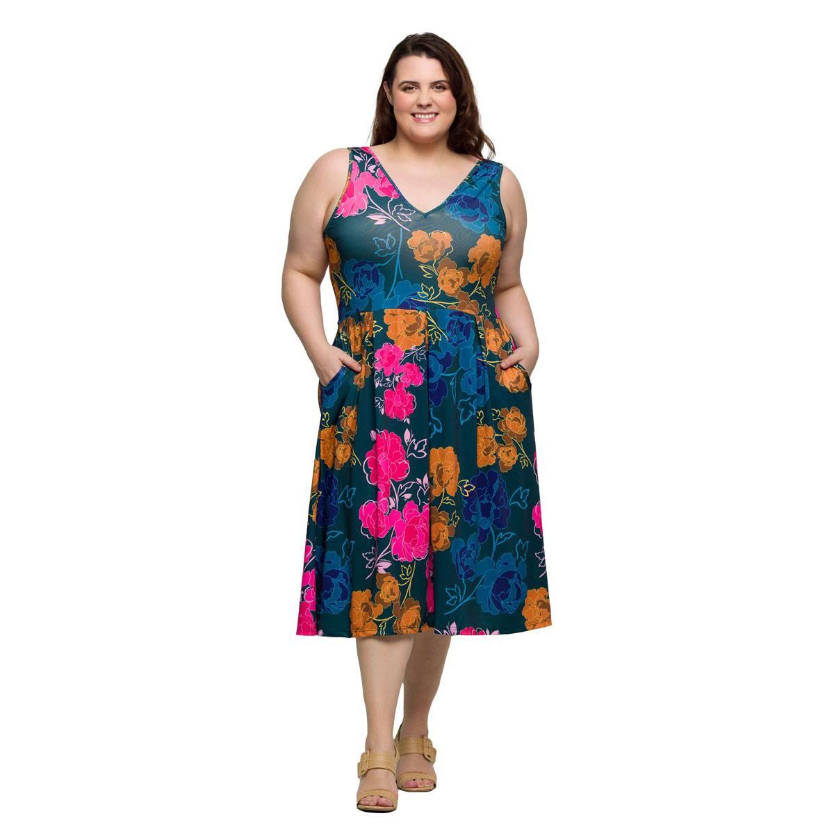 24seven Comfort Apparel Plus Size Midi Length Print Sleeveless Pleated Pocket Dress - Green Multi