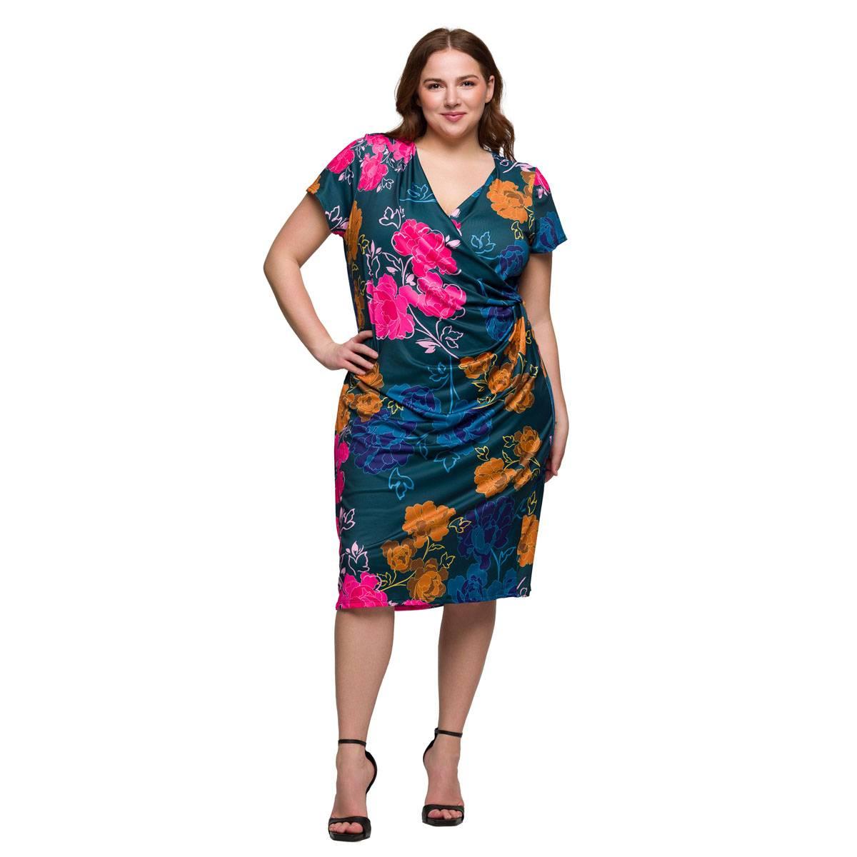 24seven Comfort Apparel Plus Size Knee Length Short Sleeve Faux Wrap Dress - Green Multi