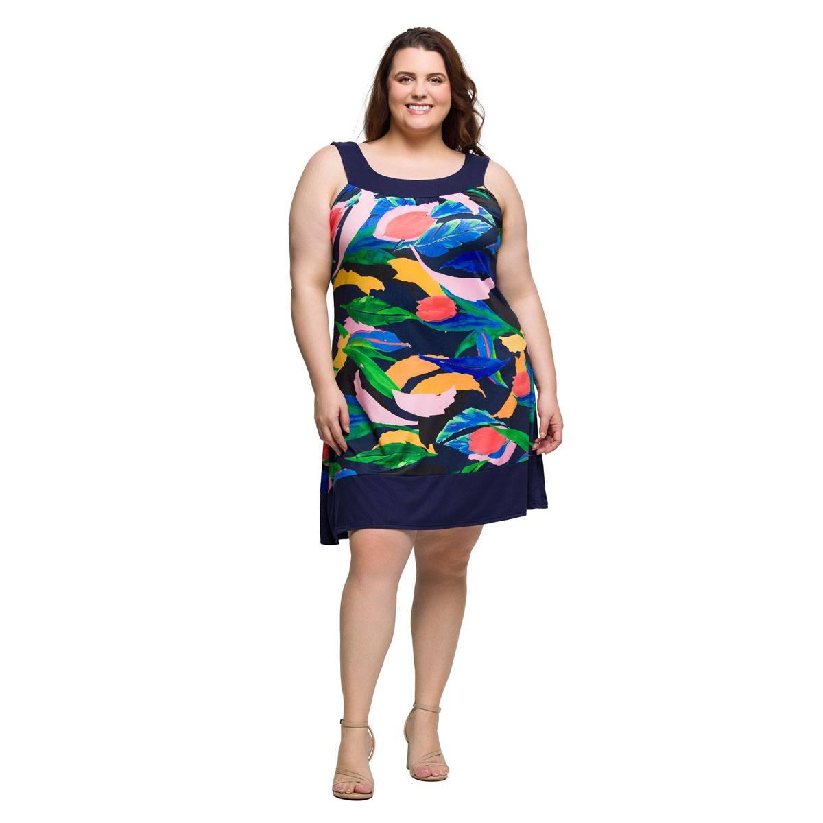 24seven Comfort Apparel Plus Size Scoop Neck Sleeveless Knee Length Dress - Blue Multi