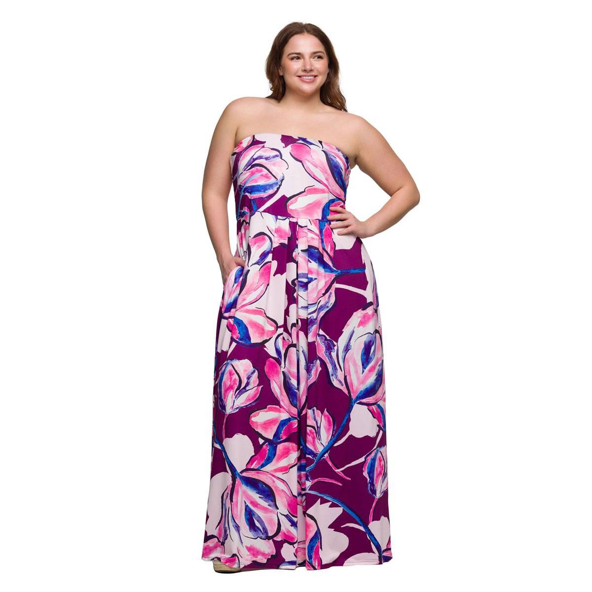 Plus Size 24/7 Comfort Apparel Floral Strapless A-Line Dress