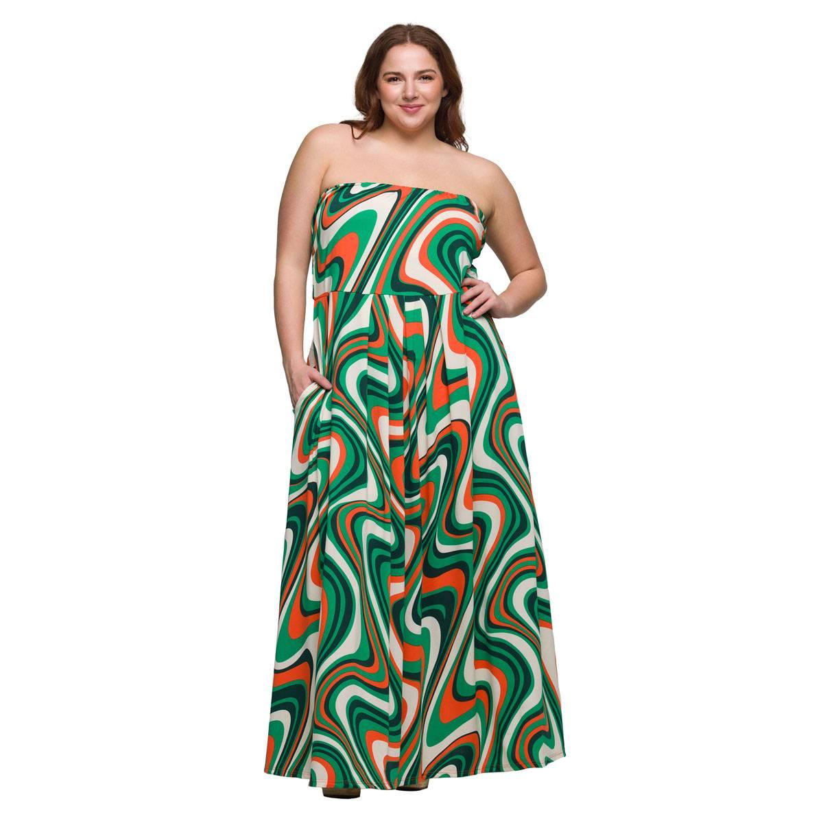 24seven Comfort Apparel Plus Size A-Line Strapless Maxi Dress with Pockets - Green Multi