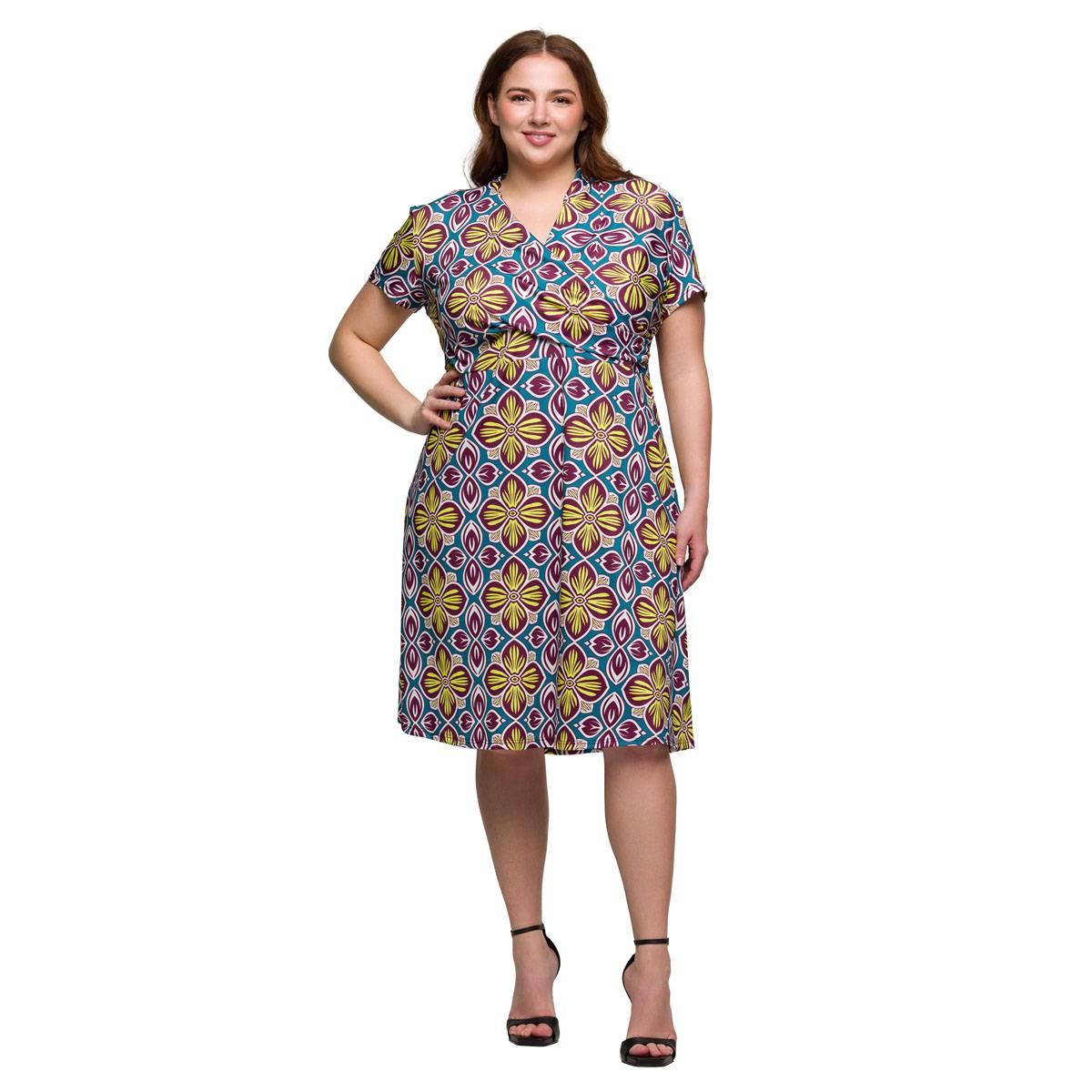 24seven Comfort Apparel Plus Size Print Short Sleeve Knee Length V-Neck Wrap Dress - Yellow Multi