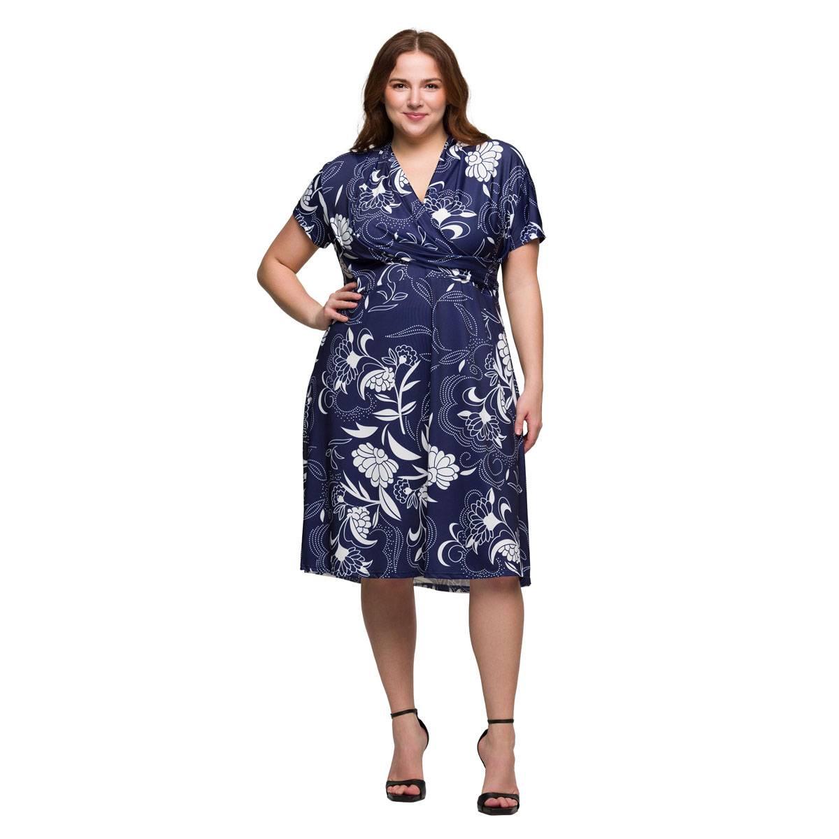 24seven Comfort Apparel Plus Size Print Short Sleeve Knee Length V-Neck Wrap Dress - Blue Multi