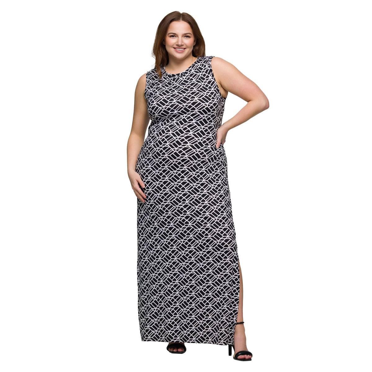 24seven Comfort Apparel Plus Size Print Sleeveless Side Slit Maxi Dress - Black Multi
