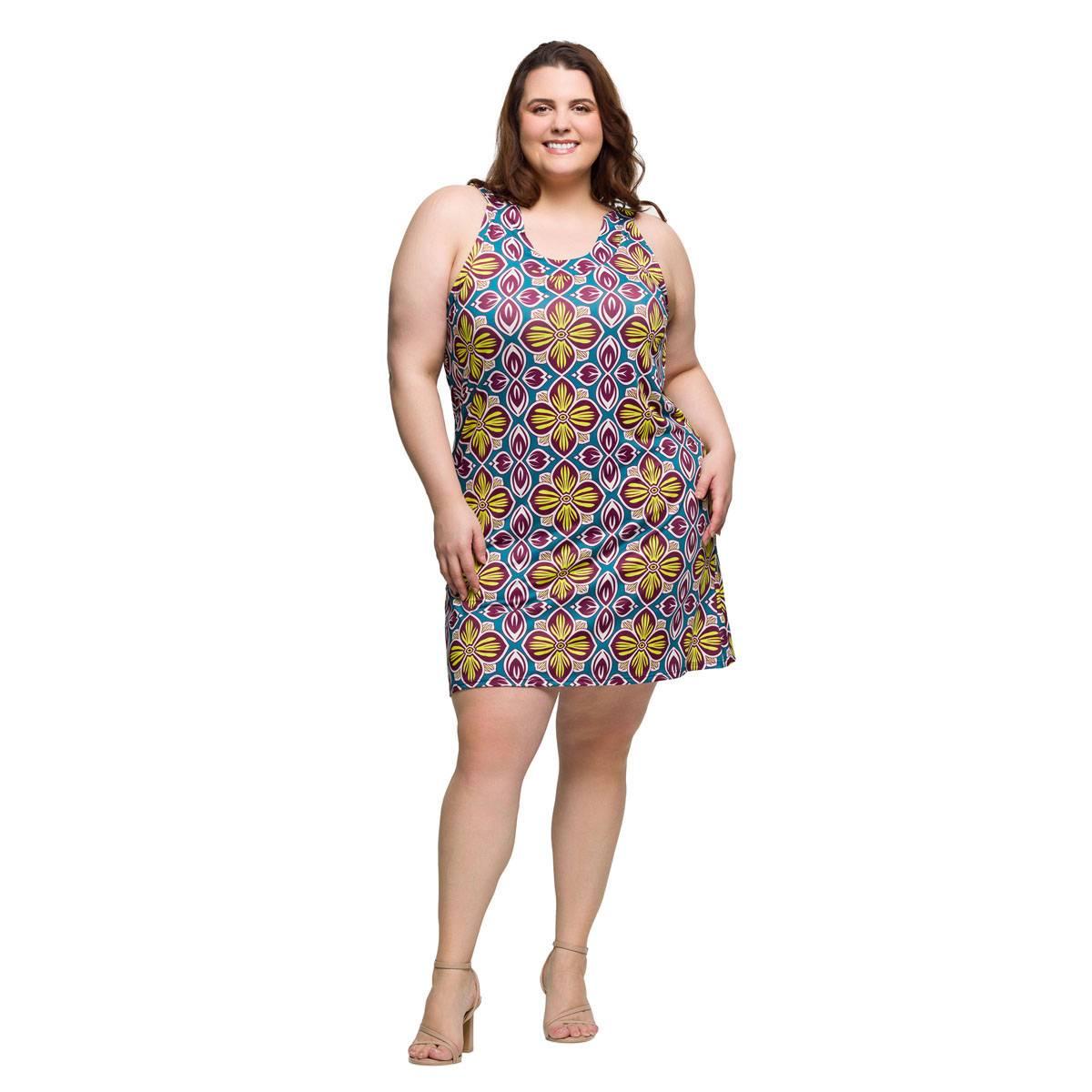 24seven Comfort Apparel Plus Size Print Sleeveless Knee Length Shift Dress - Yellow Multi