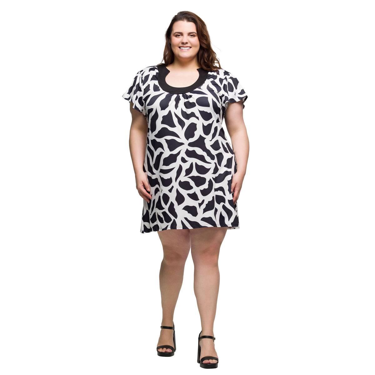 24seven Comfort Apparel Plus Size Short Sleeve Scoop Neck Mini Dress - Black Multi