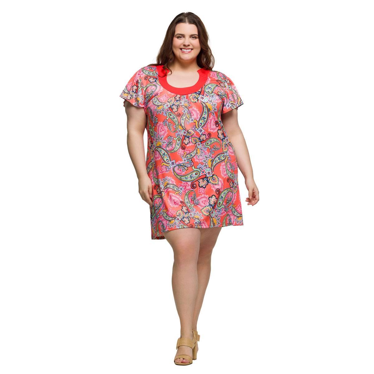 24seven Comfort Apparel Plus Size Short Sleeve Scoop Neck Mini Dress - Pink Multi