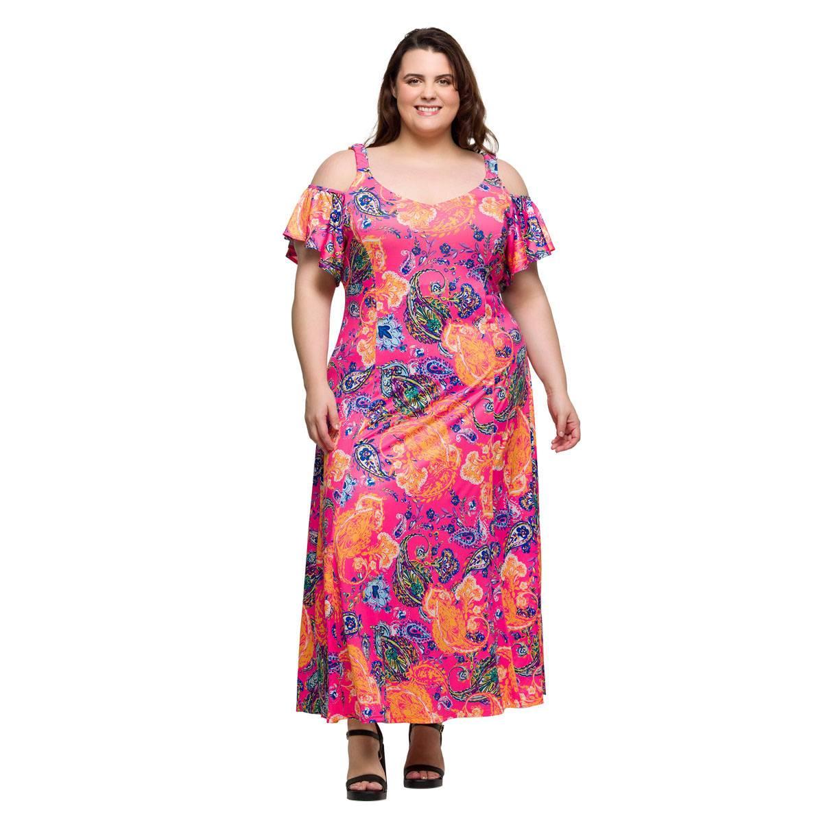 24seven Comfort Apparel Plus Size Cold Shoulder Ruffle Sleeve A-Line Maxi Dress - Pink Multi