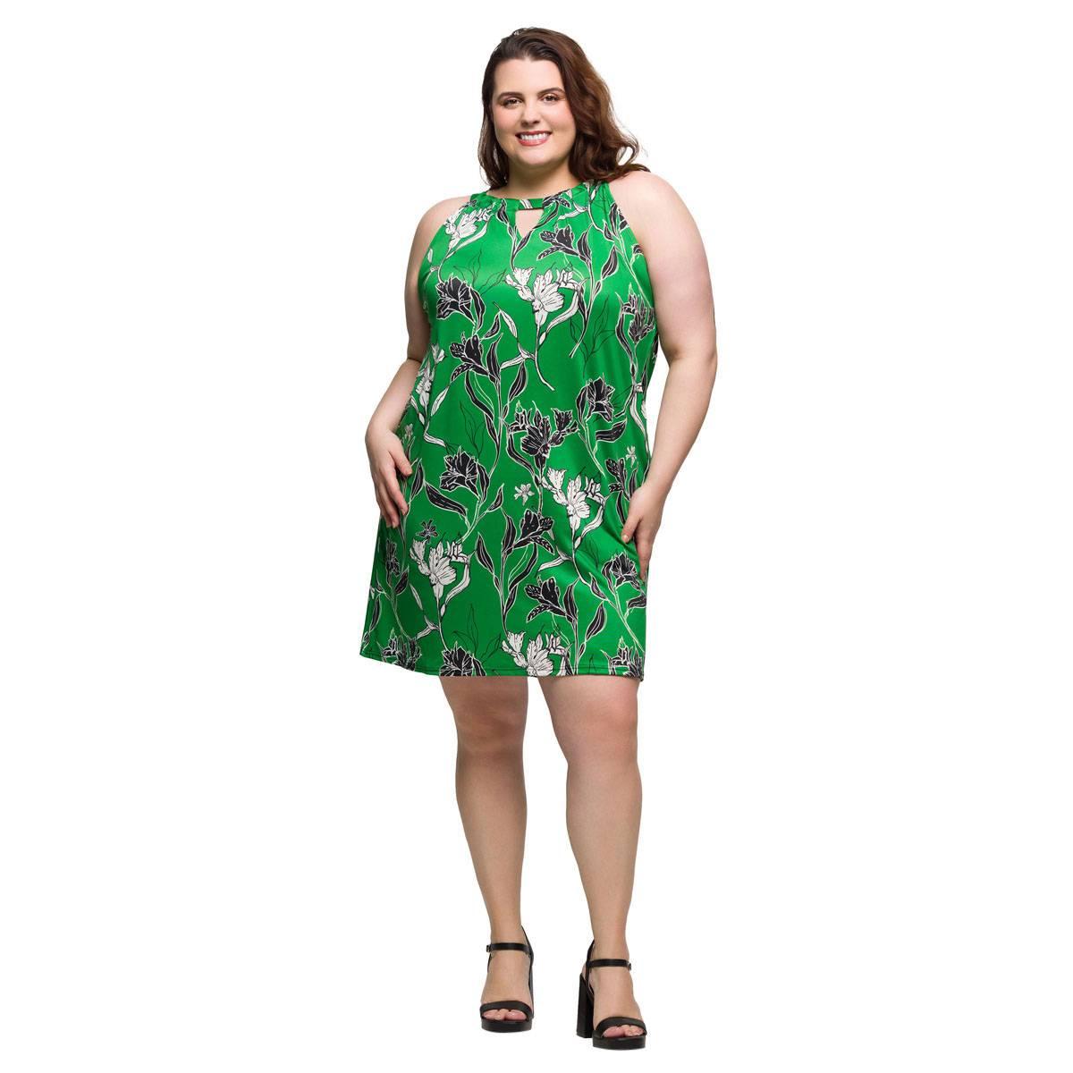 24seven Comfort Apparel Plus Size Knee Length Print Sleeveless Keyhole Dress - Green Multi