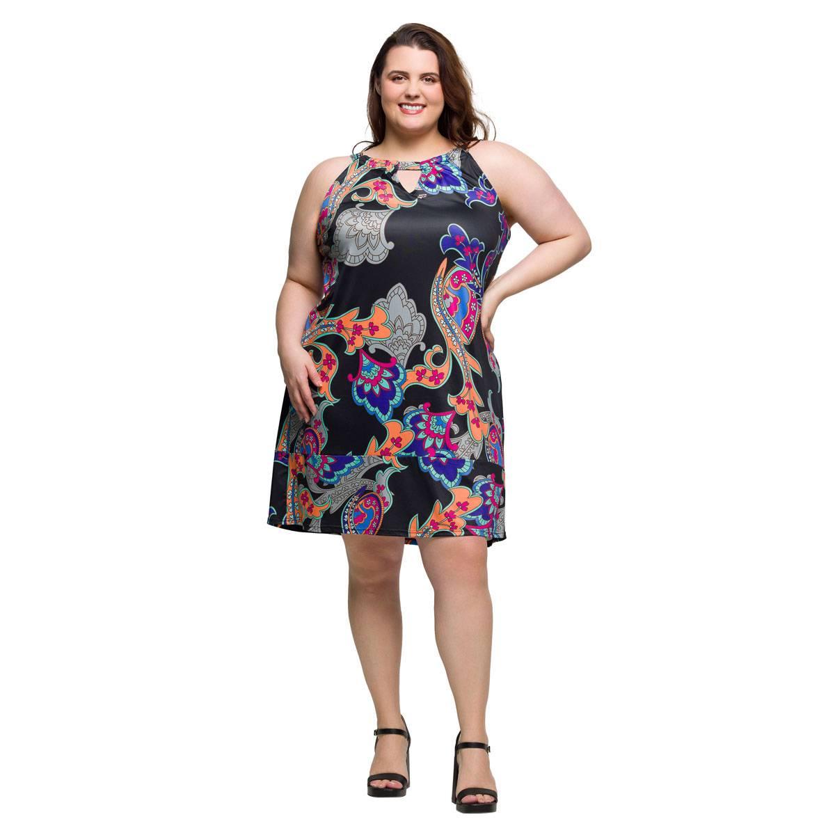24seven Comfort Apparel Plus Size Knee Length Print Sleeveless Keyhole Dress - Black Multi