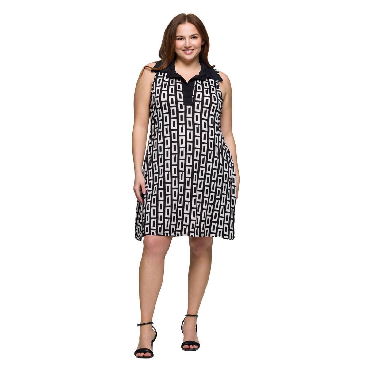 24seven Comfort Apparel Plus Size Sleeveless Collared Mini Dress - Black Multi