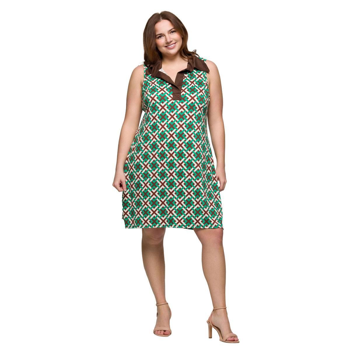 Plus Size 24/7 Comfort Apparel Brown/Green Collared Shift Dress