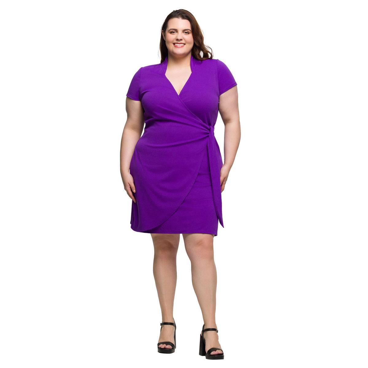 24seven Comfort Apparel Plus Size Mandarin Collar Knee Length Wrap Dress - Rose