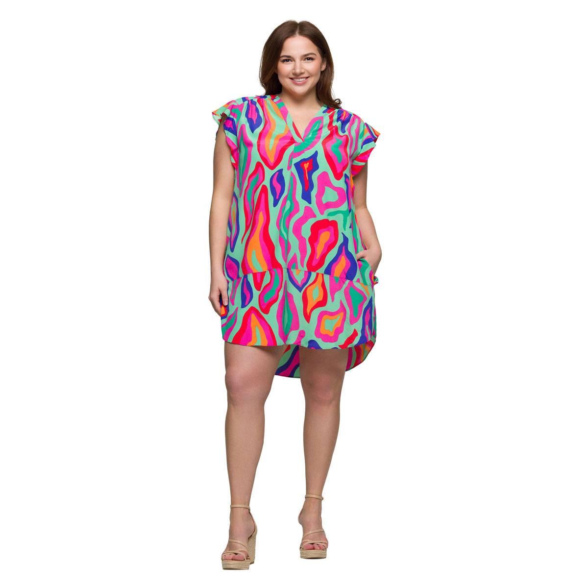 24seven Comfort Apparel Plus Size Print V-Neck Cap Sleeve Knee Length Pocket Dress - Green Multi