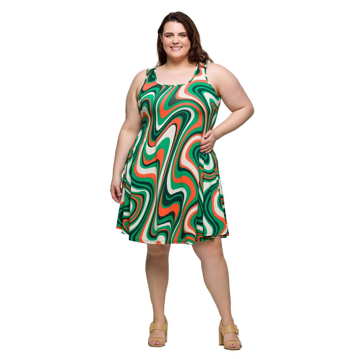 24seven Comfort Apparel Plus Size Print Sleeveless Knee Length Tank Swing Dress - Green Multi