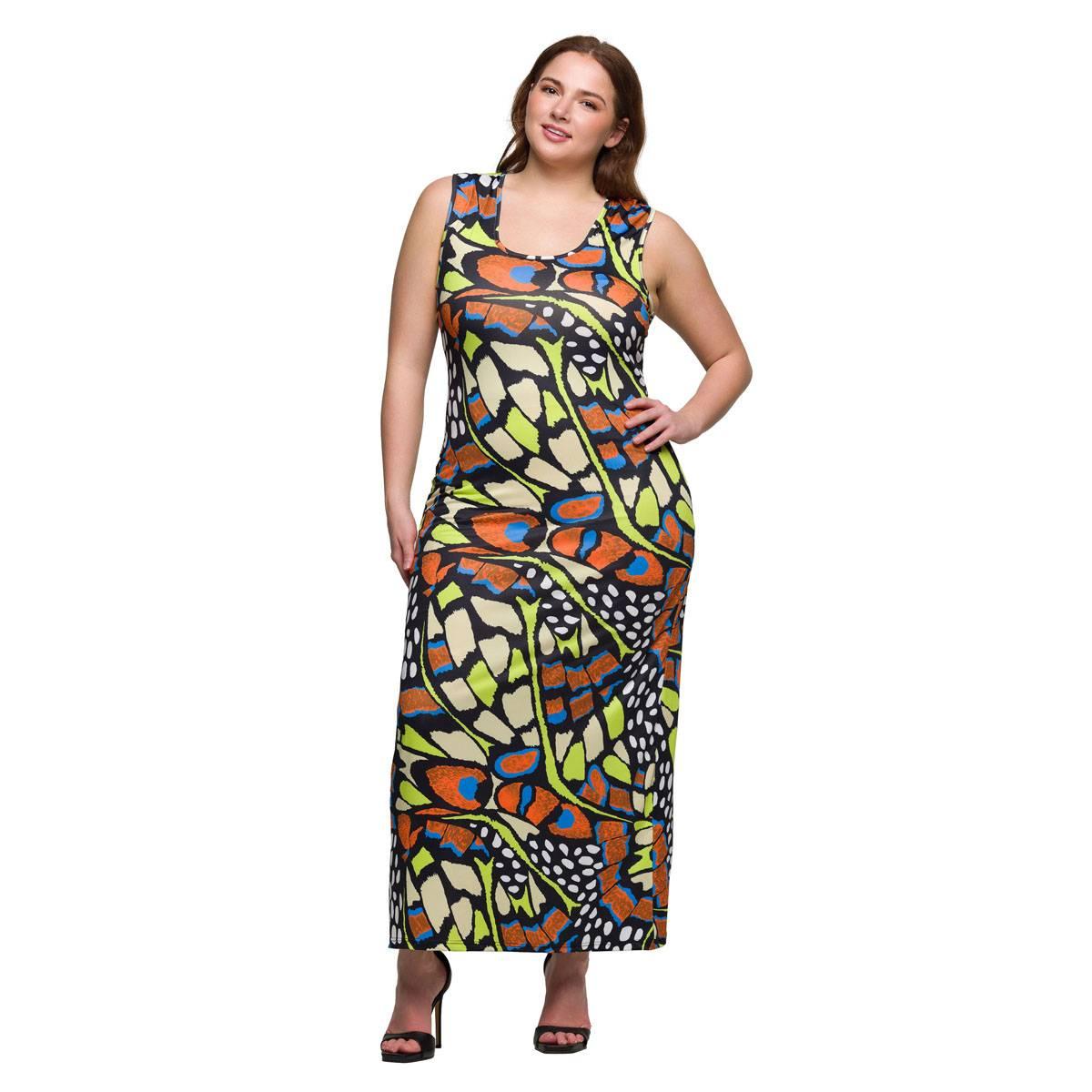 24seven Comfort Apparel Print Plus Size Razorback Tank Casual Maxi Dress - Yellow Multi
