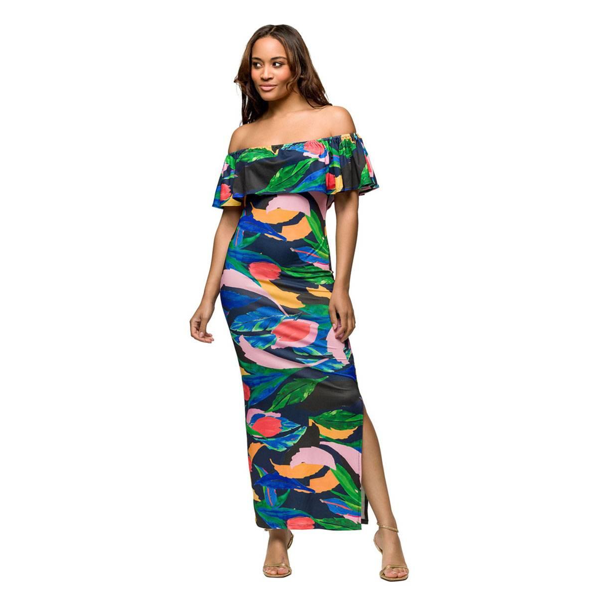 24seven Comfort Apparel Womens Off Shoulder Multicolor Print Side Slit Maxi Dress - Green Mult