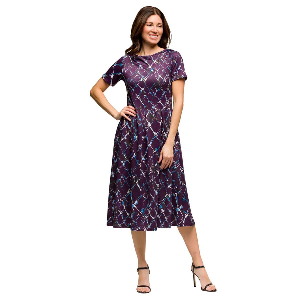 24seven Comfort Apparel Womens Purple Print Short Sleeve Pleated Flare Midi Pocket Dress - Purple Mul