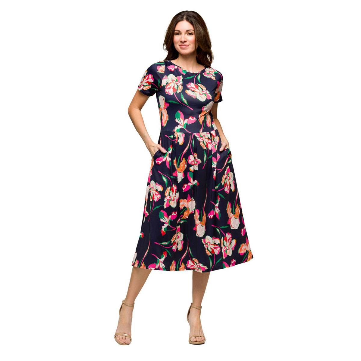 24seven Comfort Apparel Womens Navy Floral Short Sleeve Pleated Flare Midi Pocket Dress - Navy Multi