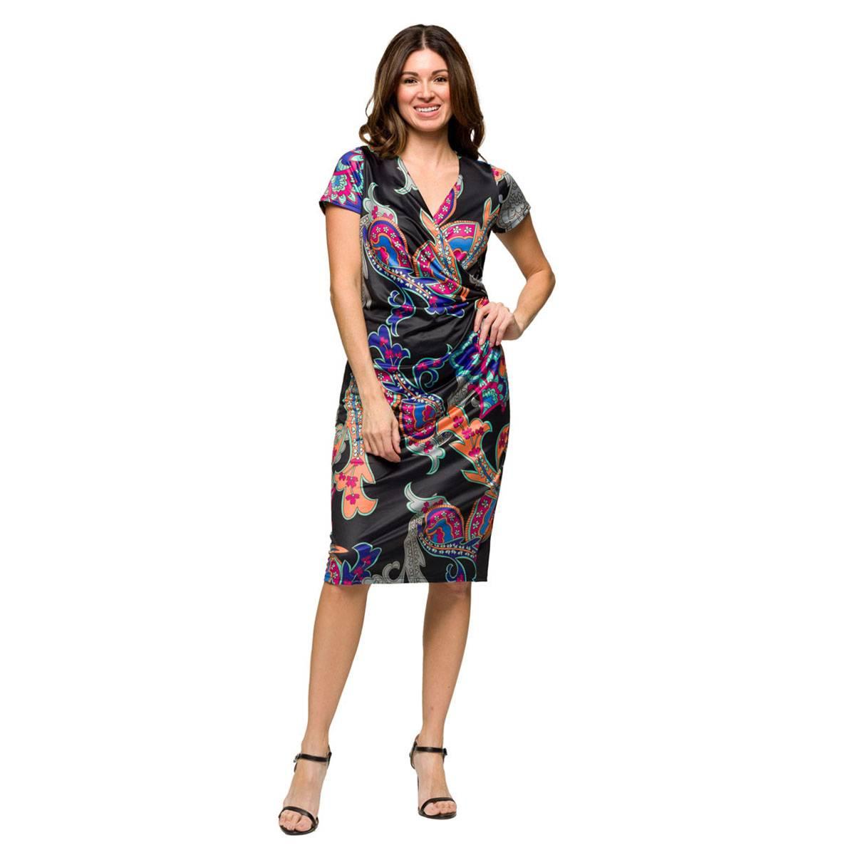 24seven Comfort Apparel Womens Paisley Knee Length Short Sleeve Faux Wrap Dress - Black Multi