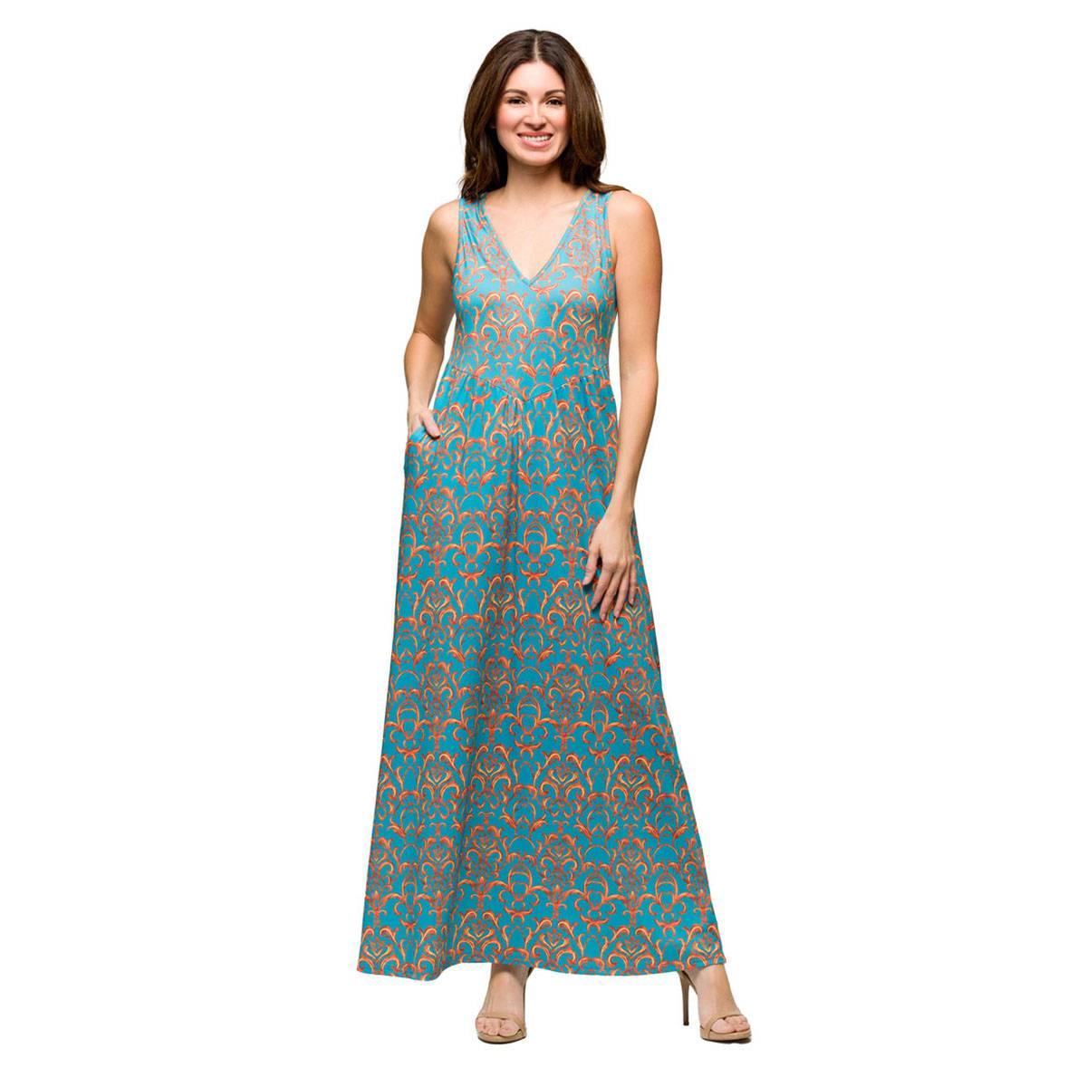 24seven Comfort Apparel Womens Sky Blue Sleeveless V Neck Maxi Dress with Pockets - Blue Multi