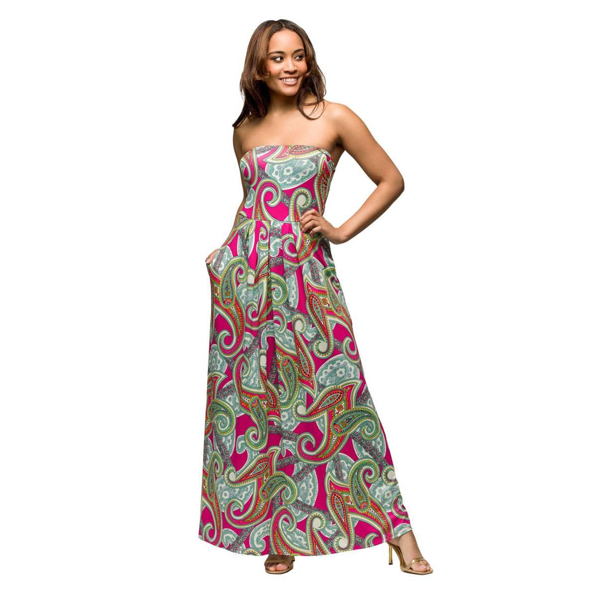 24seven Comfort Apparel Womens Pink Paisley A Line Strapless Maxi Dress with Pockets - Pink Multi