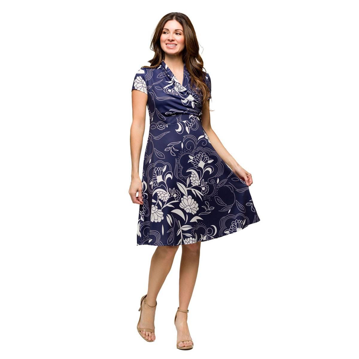 24seven Comfort Apparel Womens Navy Print Short Sleeve Knee Length V Neck Wrap Dress - Navy Multi