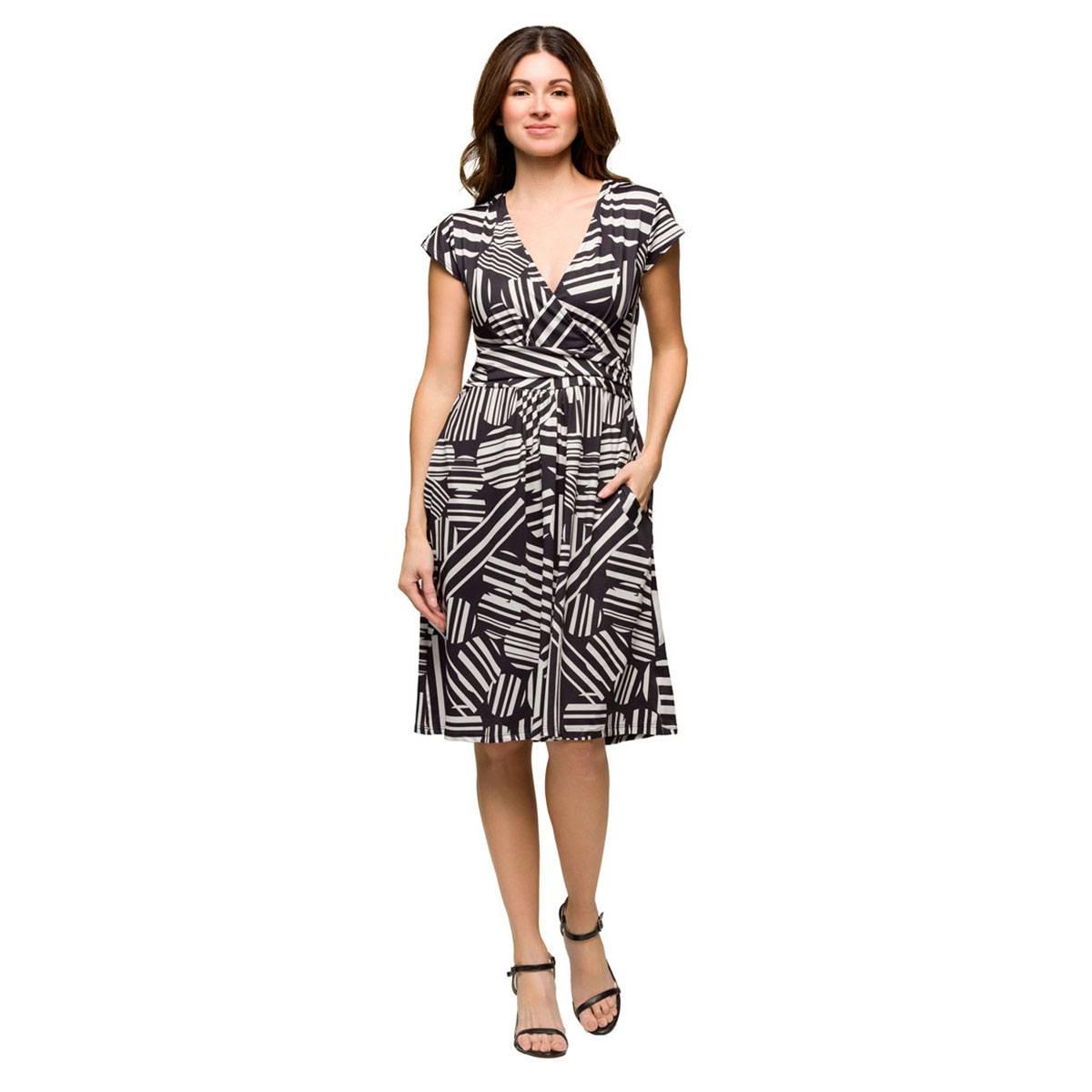 24seven Comfort Apparel Womens Cap Sleeve V Neck Knee Length Pocket Dress - Black Multi
