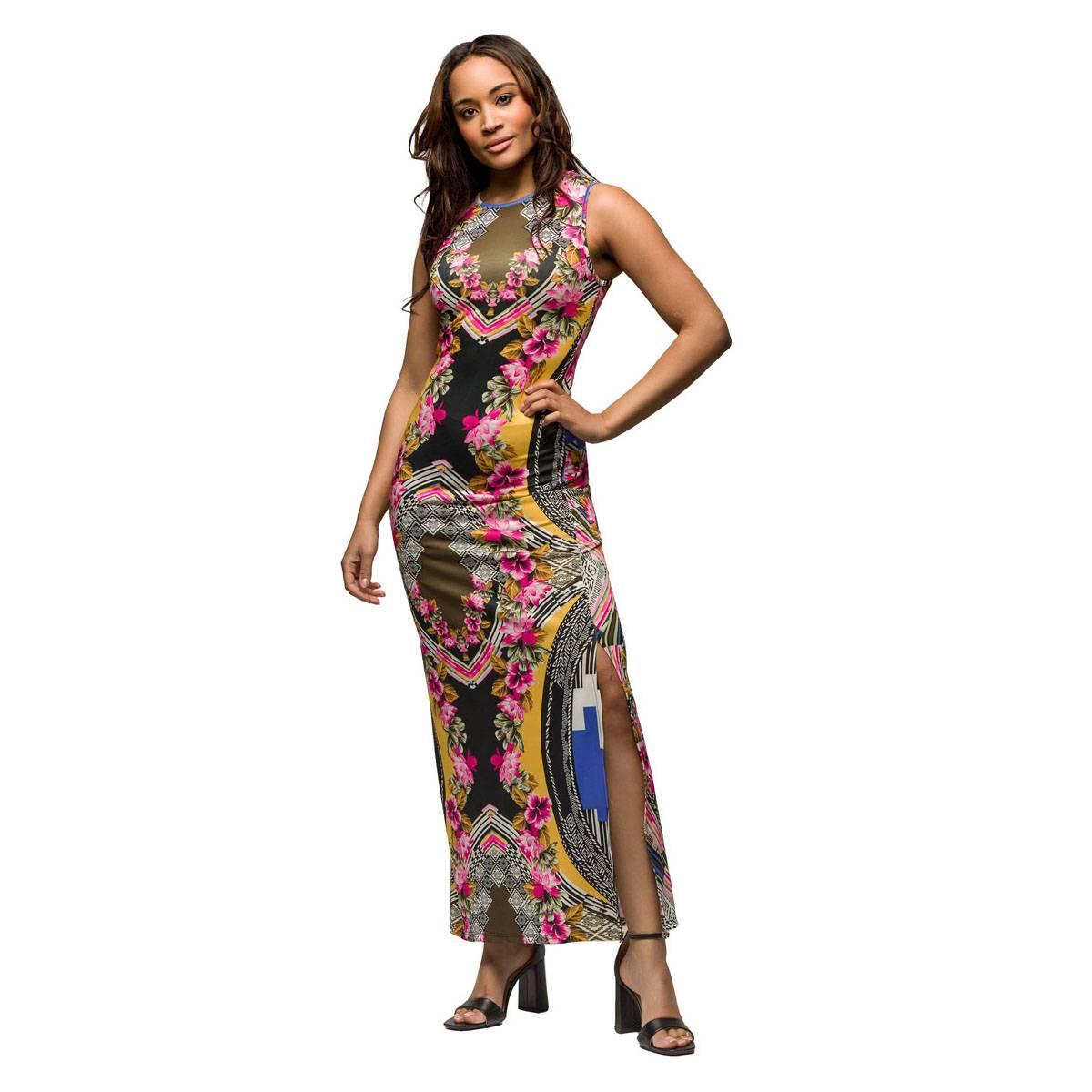 Womens 24/7 Comfort Apparel Geometric Floral Side Slit Maxi Dress