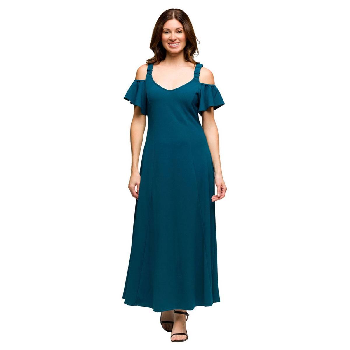 24seven Comfort Apparel Womens Cold Sholder Ruffle Sleeve A Line Maxi Dress - Black