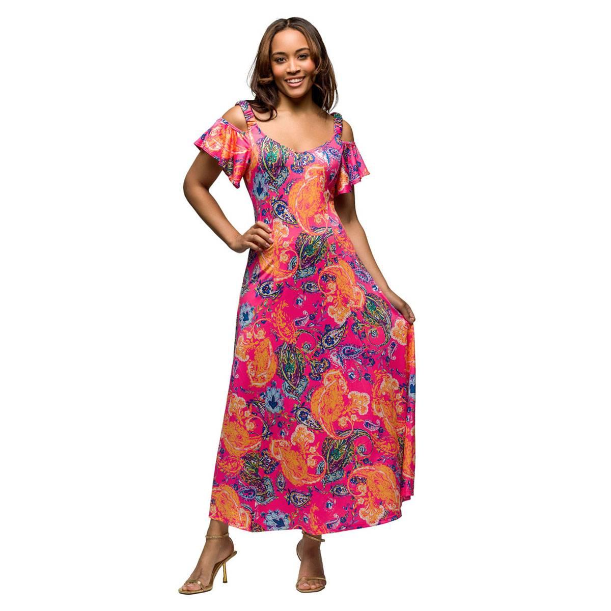 24seven Comfort Apparel Womens Pink Paisley Cold Sholder Ruffle Sleeve A Line Maxi Dress - Pink Multi