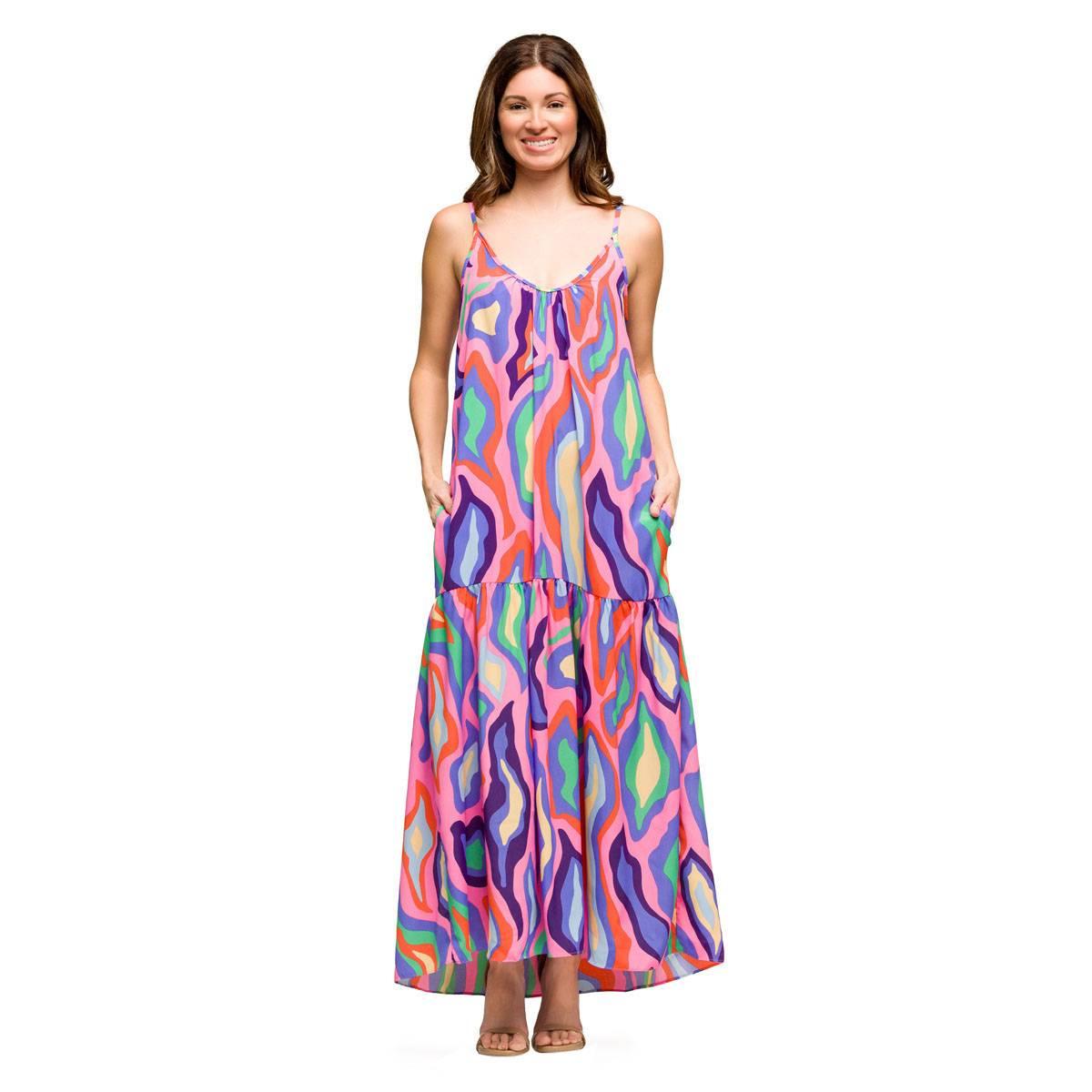 24seven Comfort Apparel Womens Multicolor Lightweight Spaghetti Strap Pocket Maxi Dress - Purple Mul