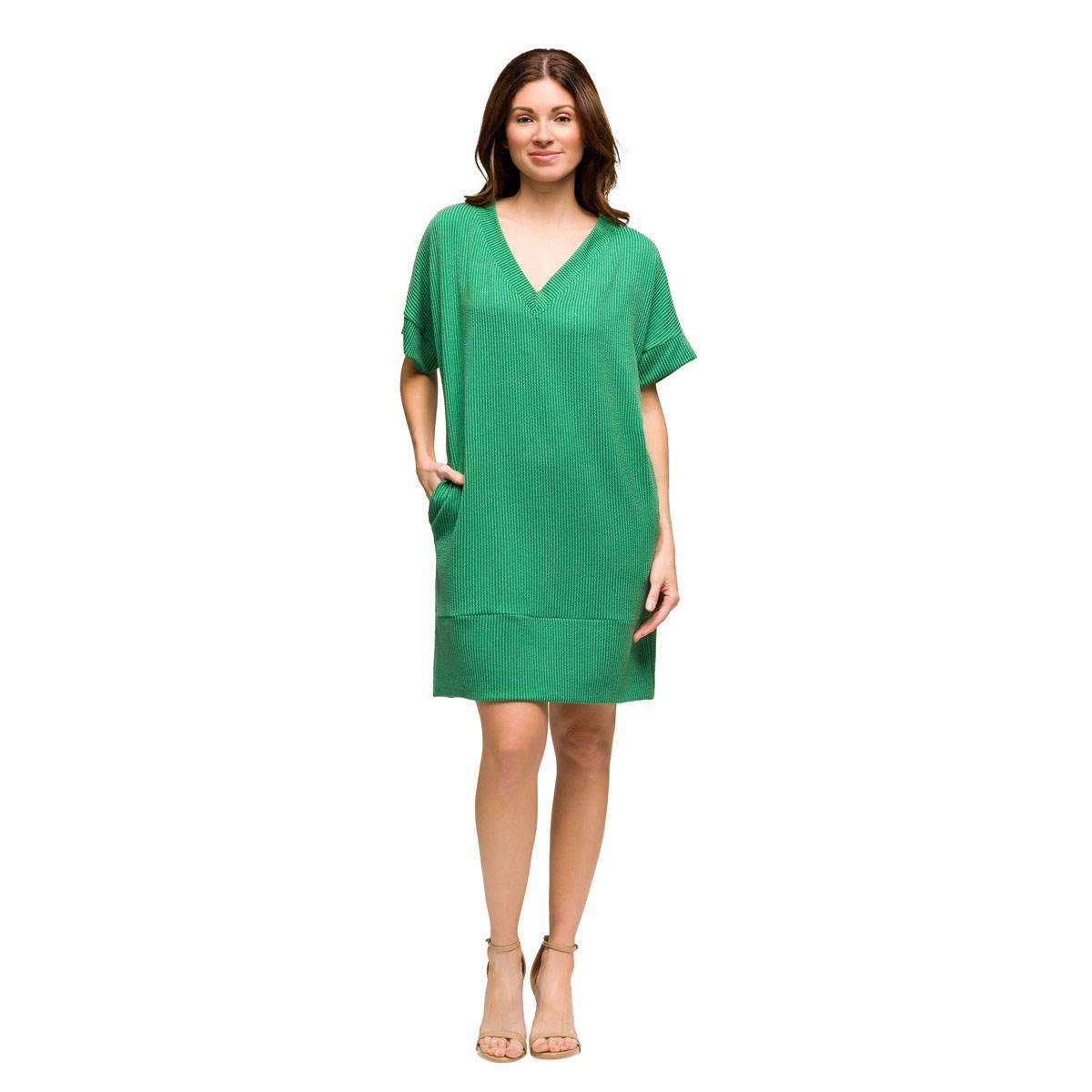 24seven Comfort Apparel Womens V Neck Loose Fit Short Sleeve Pocket T Shirt Dress - Purple