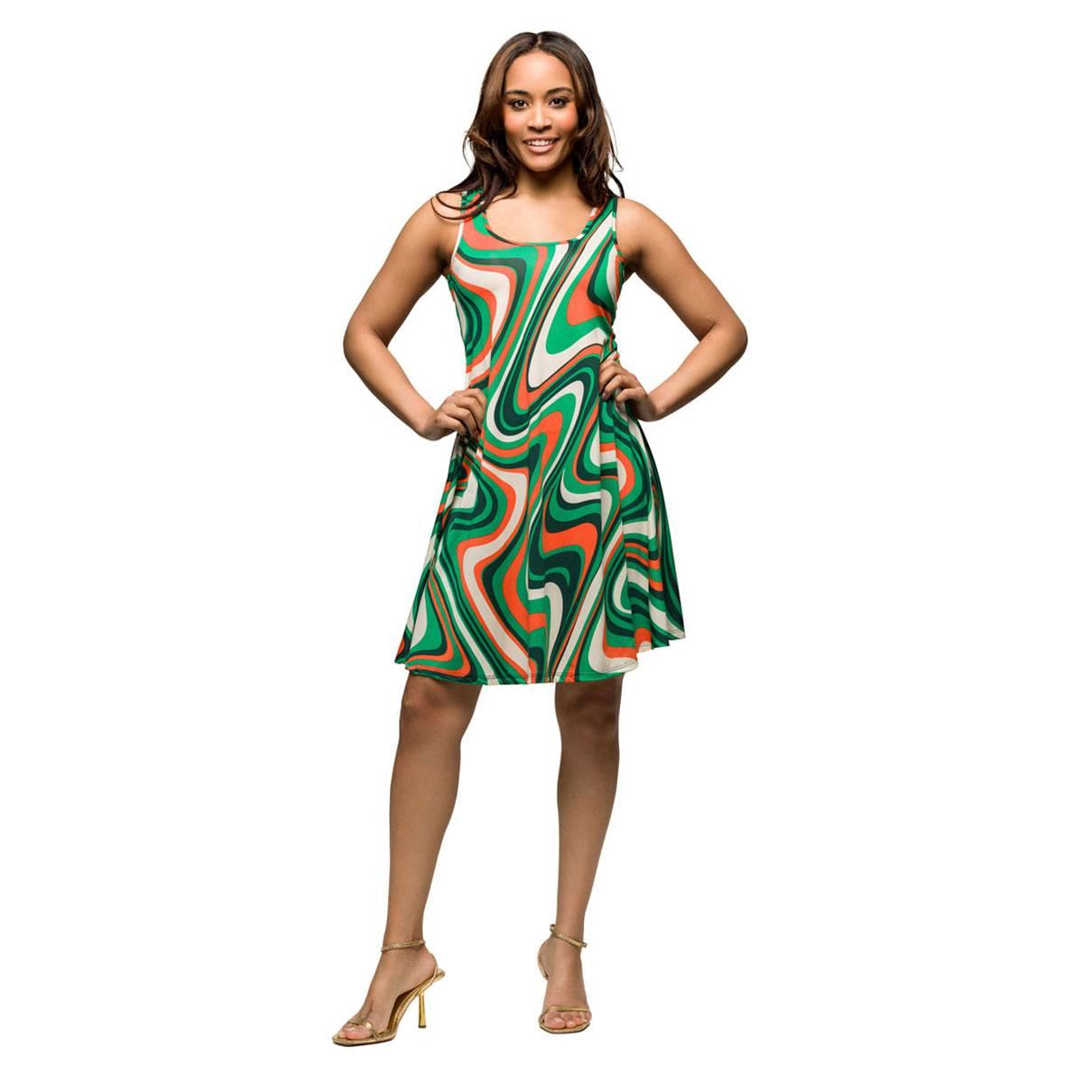 24seven Comfort Apparel Womens Green Print Sleeveless Knee Length Tank Swing Dress - Green Mult