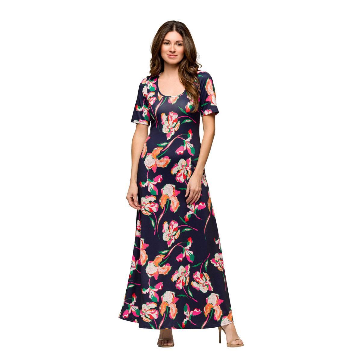 24seven Comfort Apparel Womens Navy Floral Print Elbow Sleeve Casual A Line Maxi Dress - Navy Multi