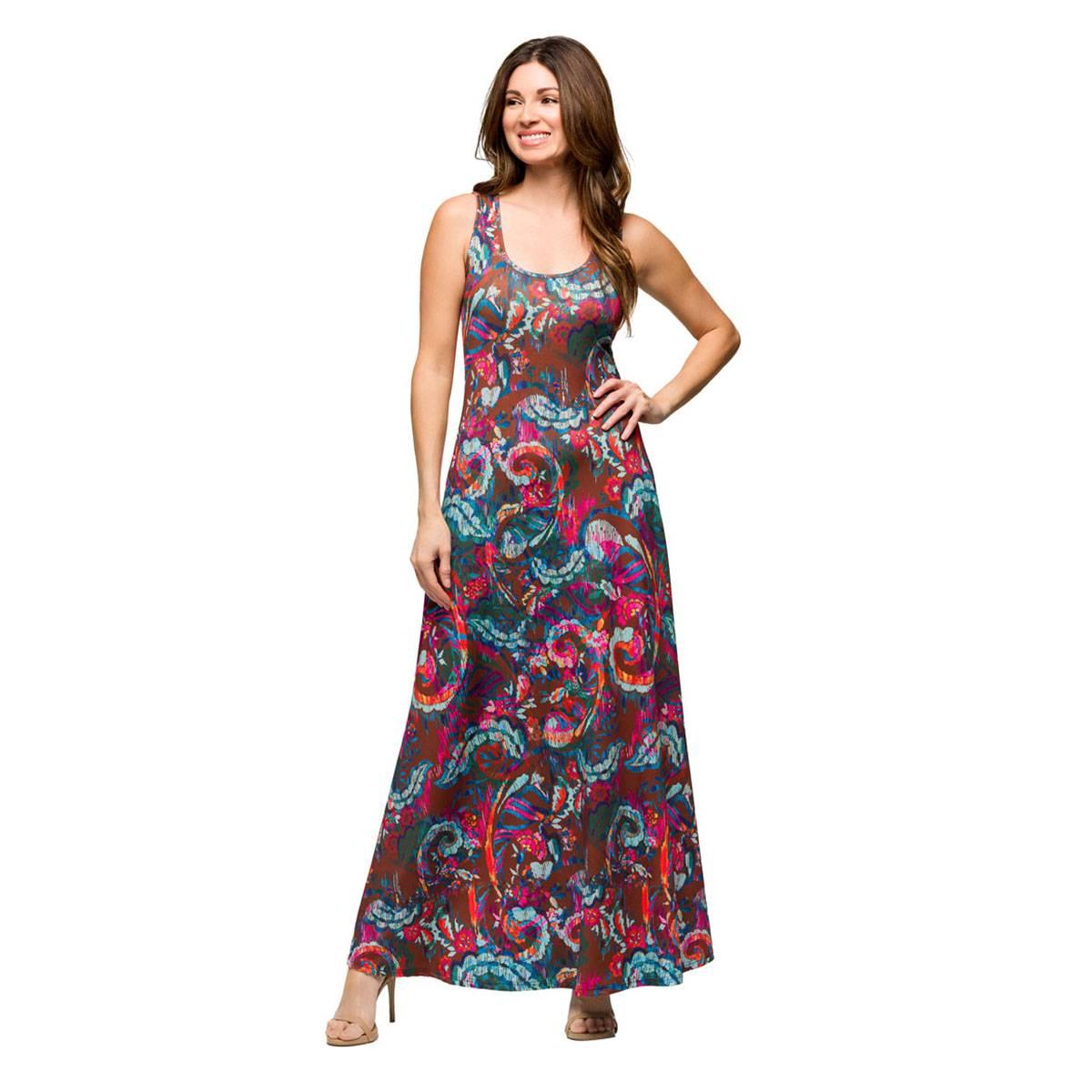 24seven Comfort Apparel Womens Pink and Brown Print Scoop Neck A Line Sleeveless Maxi Dress - Brown Mult