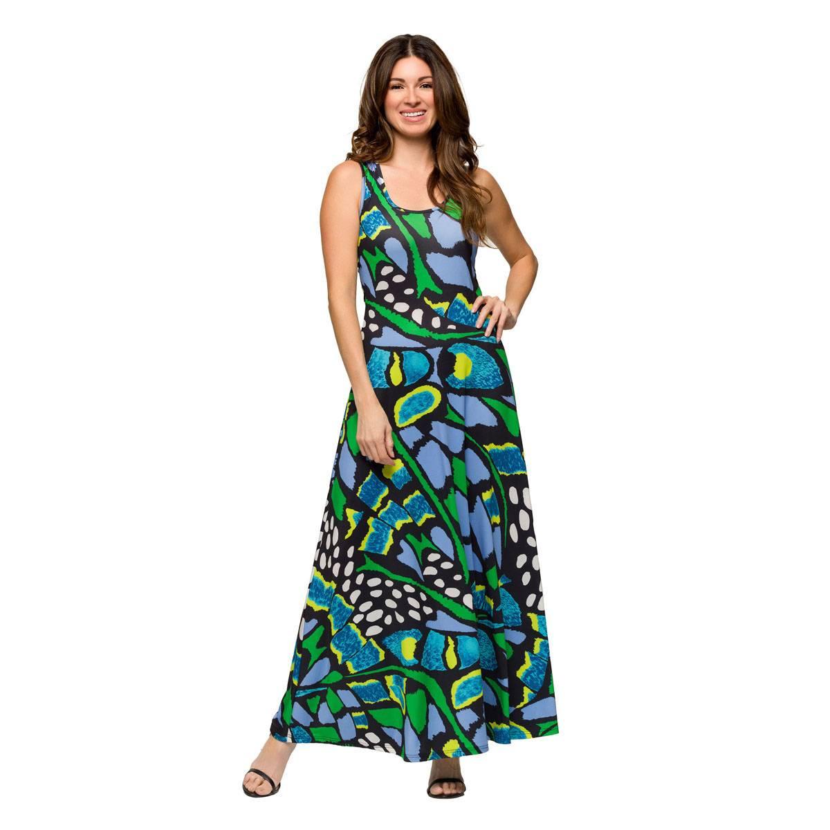 24seven Comfort Apparel Womens Scoop Neck A Line Sleeveless Maxi Dress - Green Mult